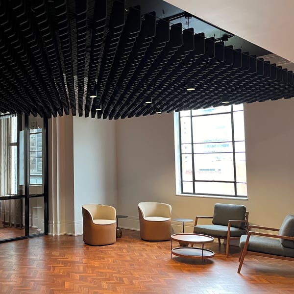 baresque | zintra acoustic solutions | mesh baffles | hunt architects | lobby design - Baresque